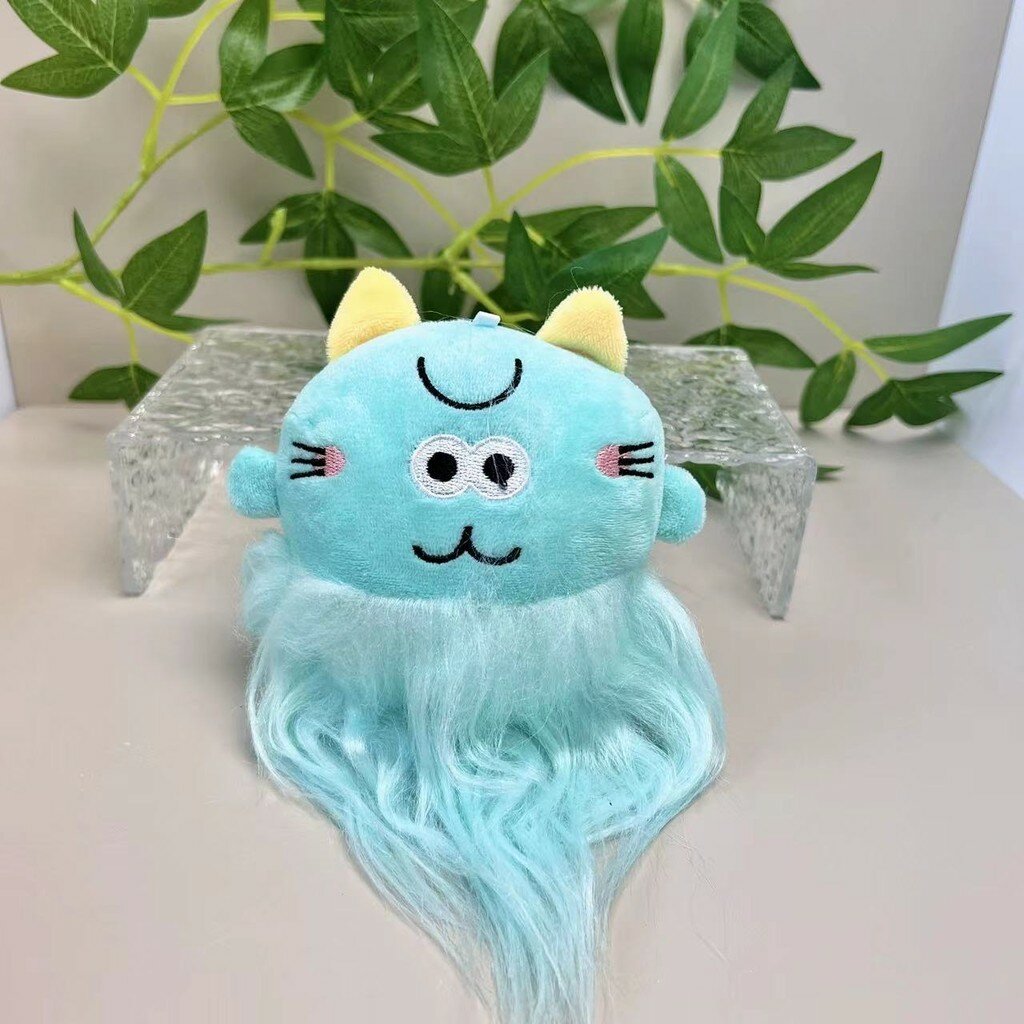 Charming soft plush cat keychain expressions in pink blue and yellow colors