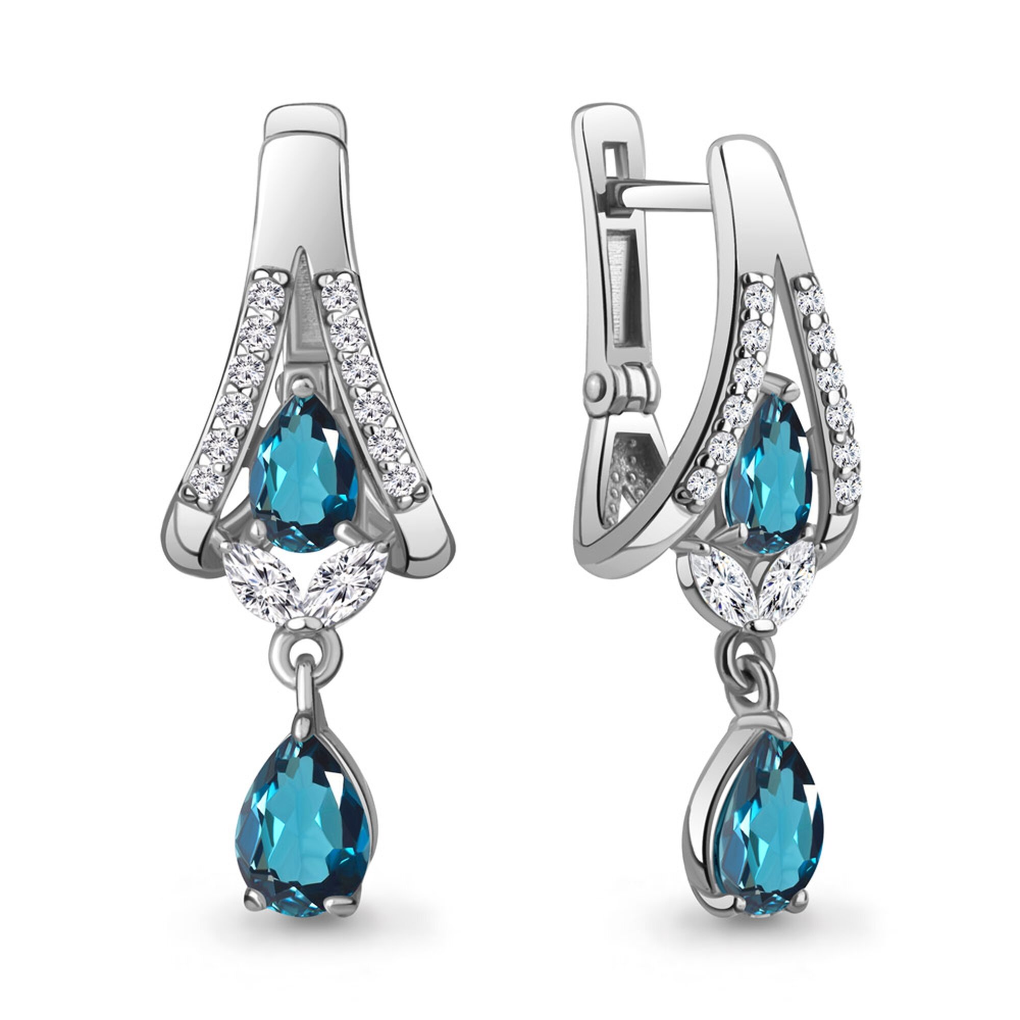 Серьги, серебро, 925 проба, родирование, фианит, Лондон топаз