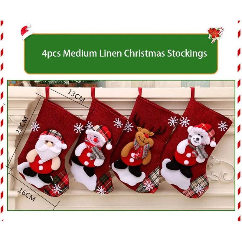 4 рождественские чулки, носки, Санта-Снеговик, висячие елочные украшения, Рождественский декор для дома, Новый год, Navidad, подарочные пакеты с конфетами