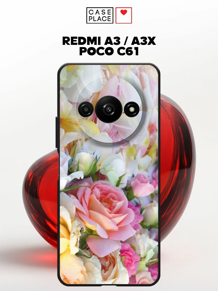 Черный матовый чехол на Xiaomi Redmi A3/A3x/Poco C61 / Редми А3/Редми А3х/Поко С61 с принтом Утренние розы