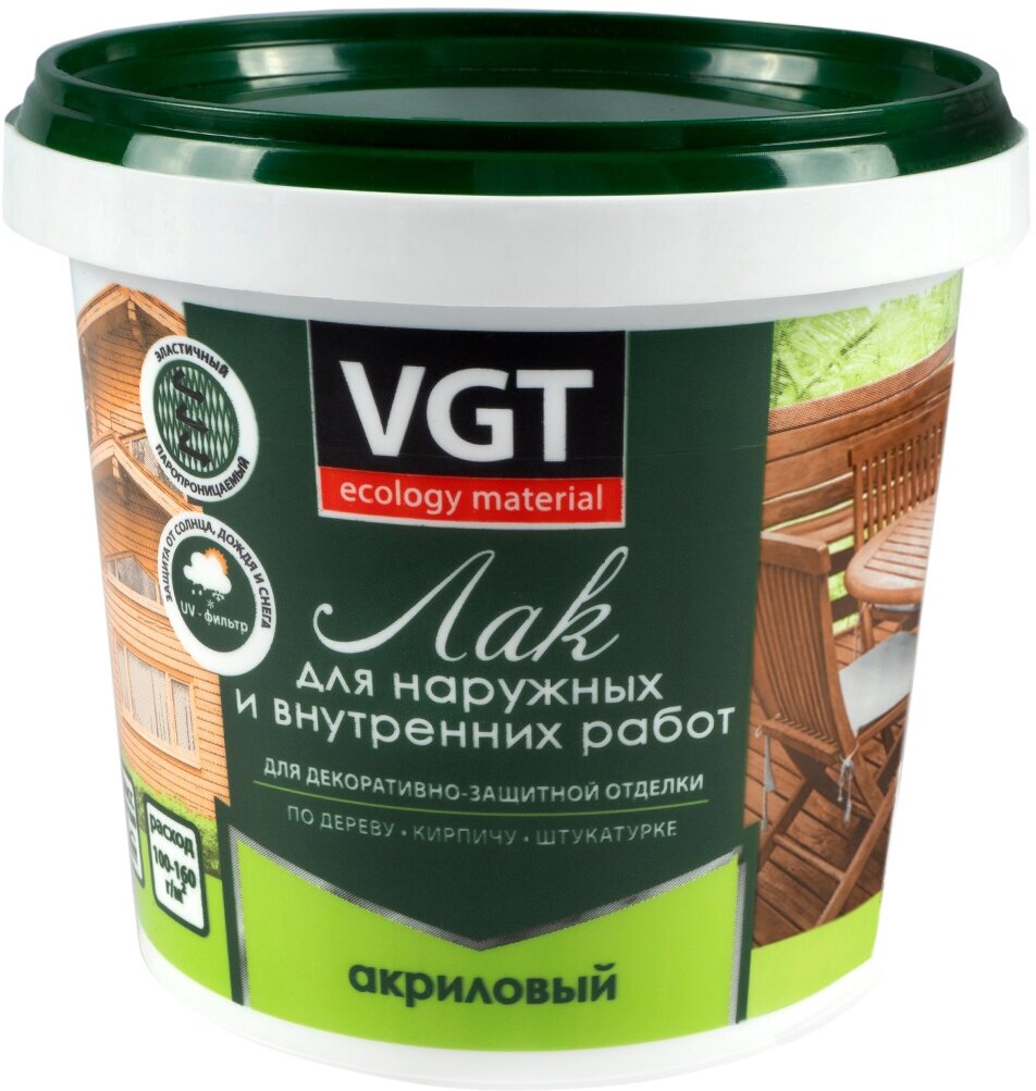 Лак акриловый для наружных и внутренних работ VGT, матовый, бесцветный, 0,9 кг, 1шт, пластиковое ведро