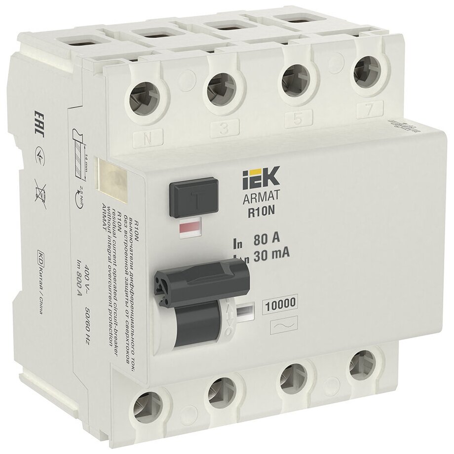 ARMAT Выключатель дифференциального тока R10N (УЗО) 4п 80А 30мА тип AC , IEK AR-R10N-4-080C030 (1 шт.)