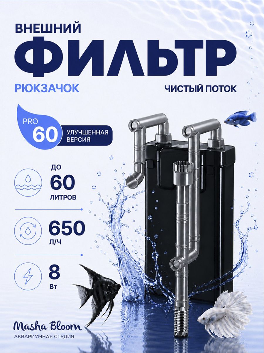 Фильтр рюкзачок для аквариума. MASHA BLOOM Чистый Поток 60 PRO. Фильтр рюкзачный 8 Вт.