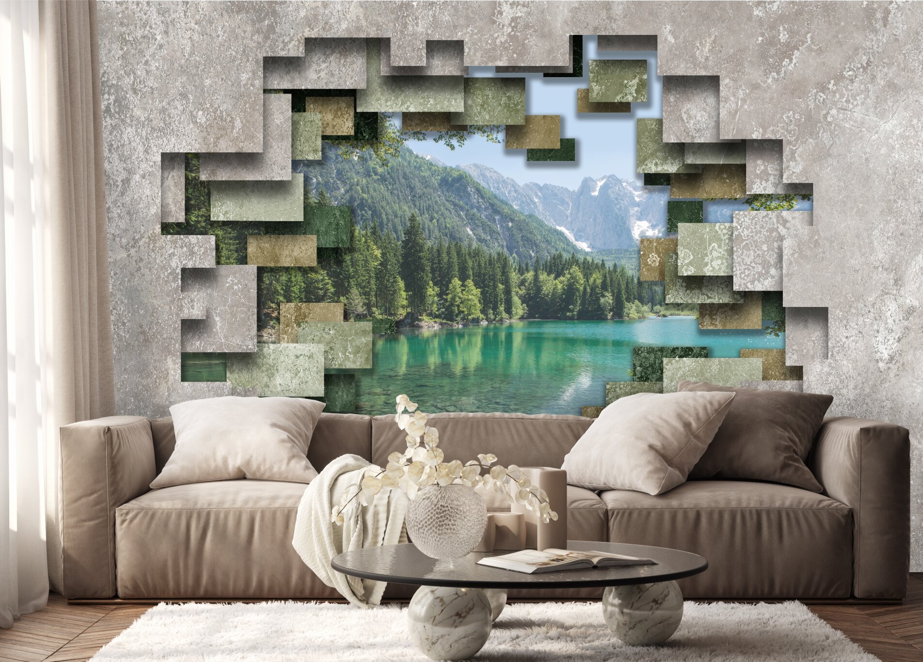 Флизелиновые фотообои на стену "Горное озеро 3d" 400х270 см в коридор, на кухню, в спальню, в гостиную, молодежные