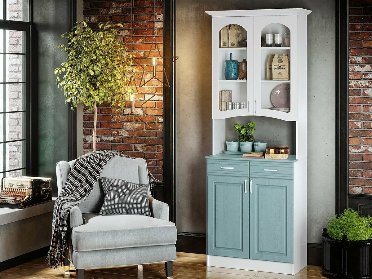 Буфет 2-х створчатый Констанция (Белый матовый/Голубой) (Миф)