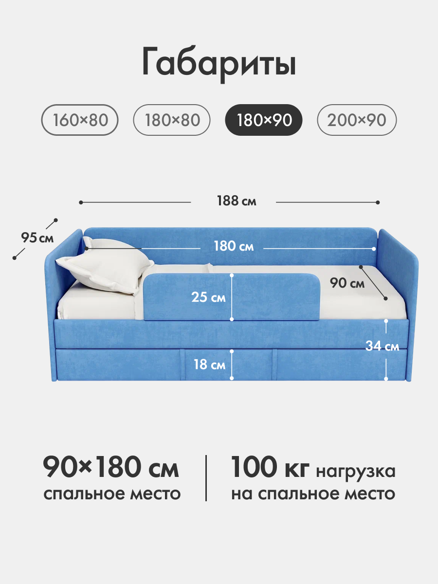 Кровать Hakkuna Matata, 180x90 см, детская, с выдвижным ящиком, ортопедический каркас, голубая — фото 1