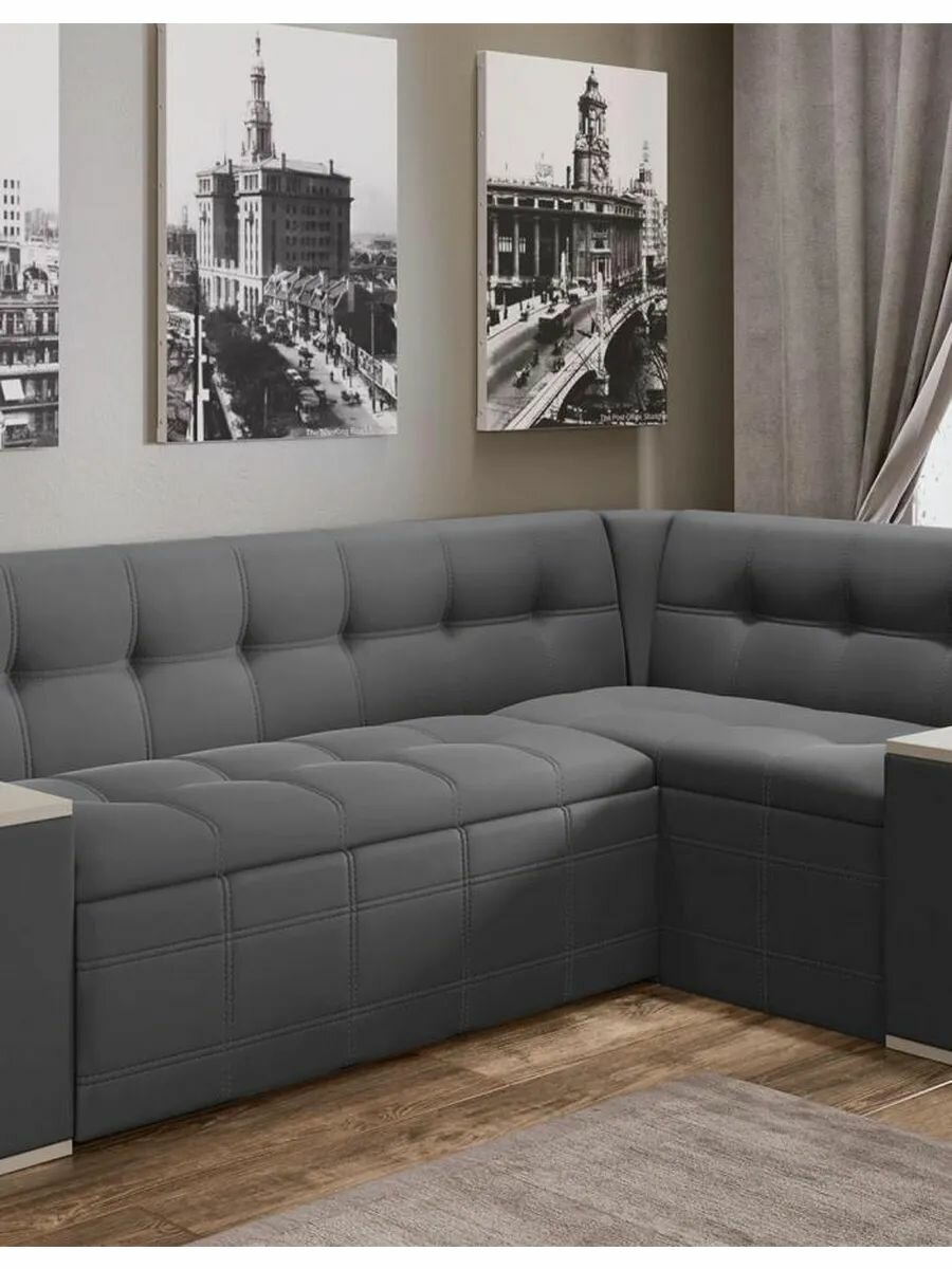 Кухонный диван, уголок Квадро 4 раскладной, выкатной, с коробом для хранения, 126х209х82 см, Дуб крафт белый, ЛДСП / Серый, ткань