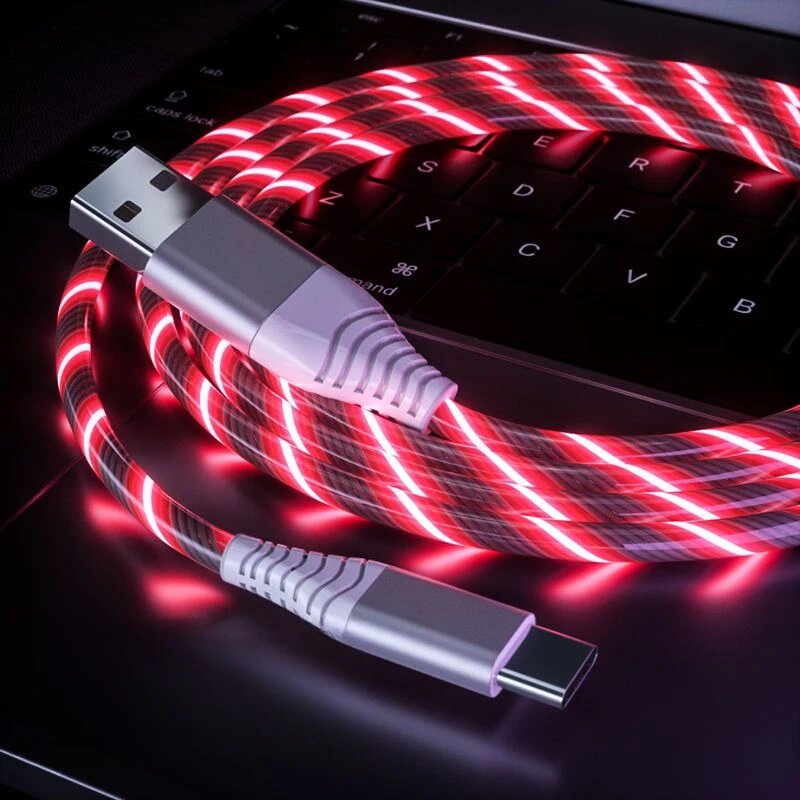 Шнур для быстрой зарядки данных, светящийся USB-кабель типа C, 5 А, кабель для быстрой зарядки, светящийся светодиодный кабель для Samsung Xiaomi Poco Redmi 1m For Type C, Red