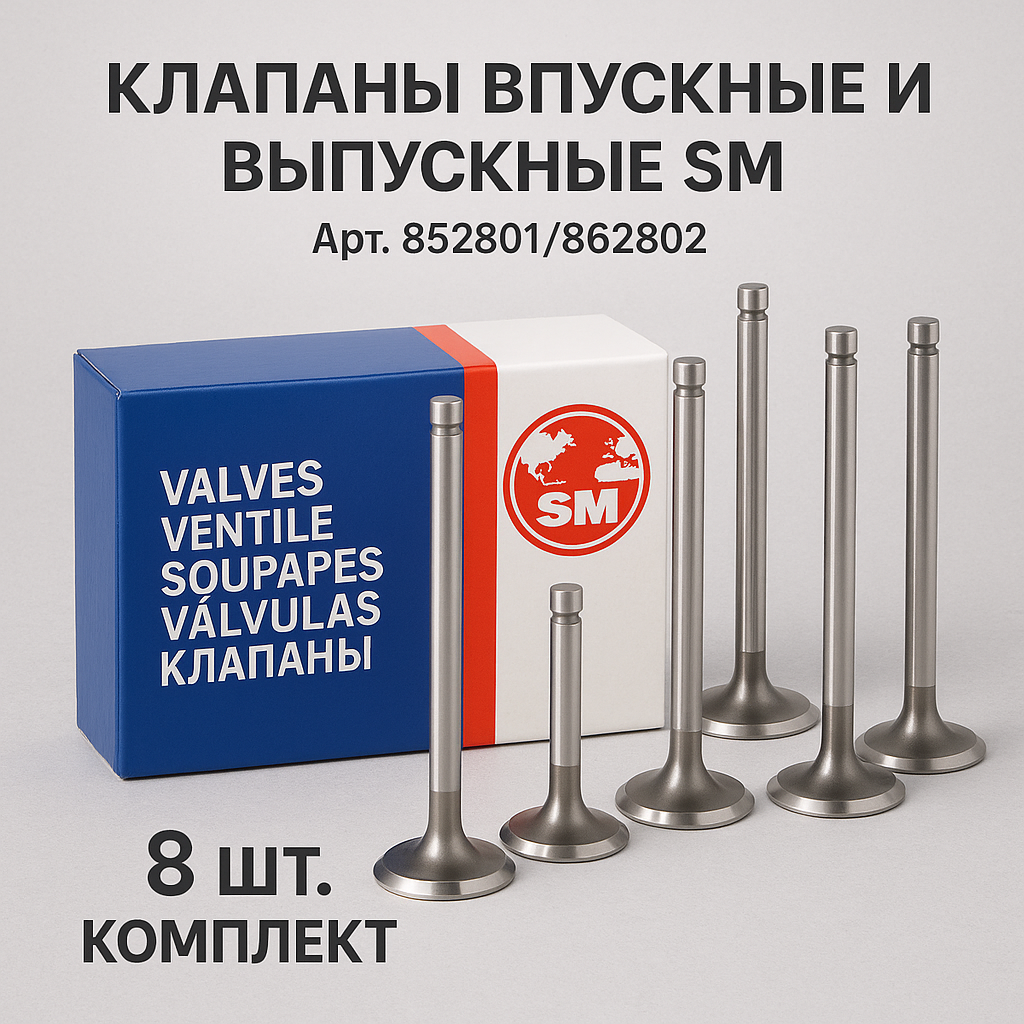 Клапаны впускные и выпускные SM 2101-2107, Нива, Chevrolet NIVA, (8 штук)/ 852801862802/ 85-2801