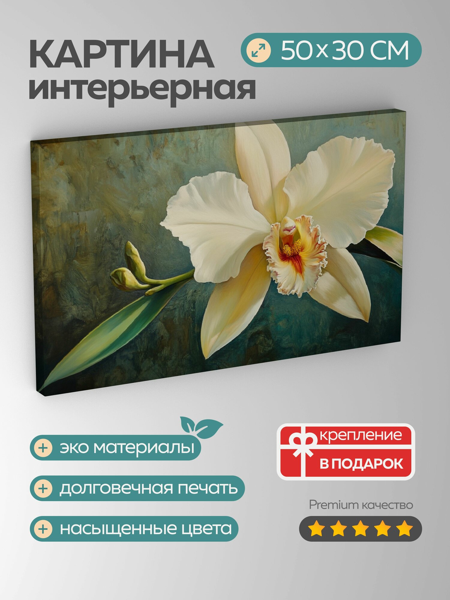 Картина на холсте интерьерная 50х30 см, картина, масло, орхидея, нежное, утонченное, очарование, насыщенные цвета