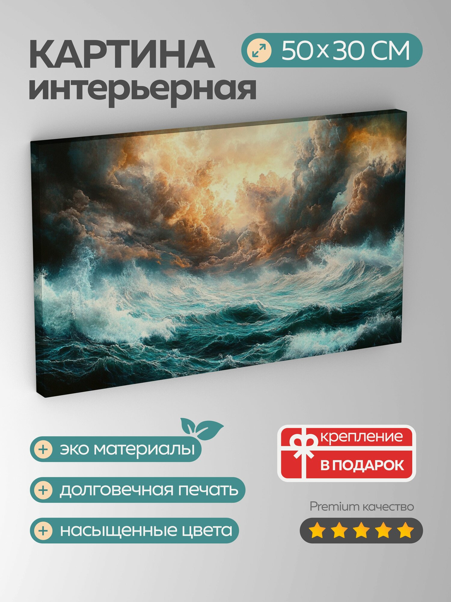 Картина на холсте интерьерная 50х30 см, шторм, океан, волны, небо, буря, берег, вода, хаос, цифровая картина