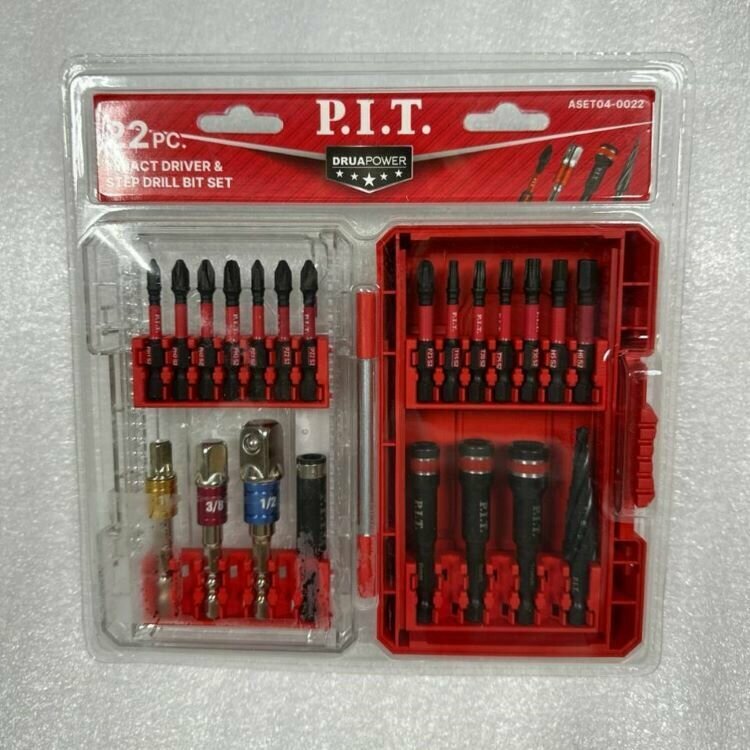 Набор закаленных ударных бит, торцевых головок, сверла ступенчатого 22штуки с адаптерами 1/2" 1/4" 3/8" в пластиковом кейсе ASET04-0022 PIT ПРОФ