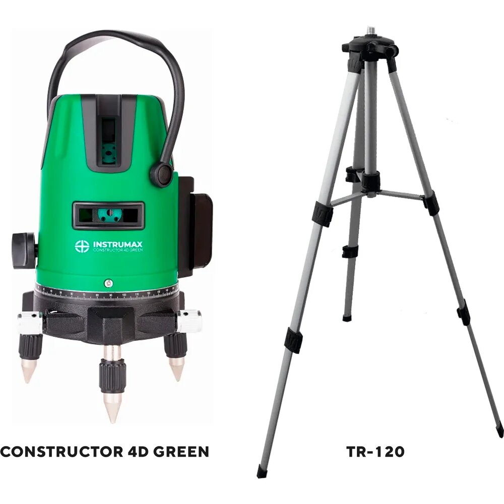 Комплект INSTRUMAX: лазерный уровень Constructor 4D GREEN + штатив телескопический с резьбой 1/4 (5/8) дюйма TR-120 IM0140_K надежной конструкции