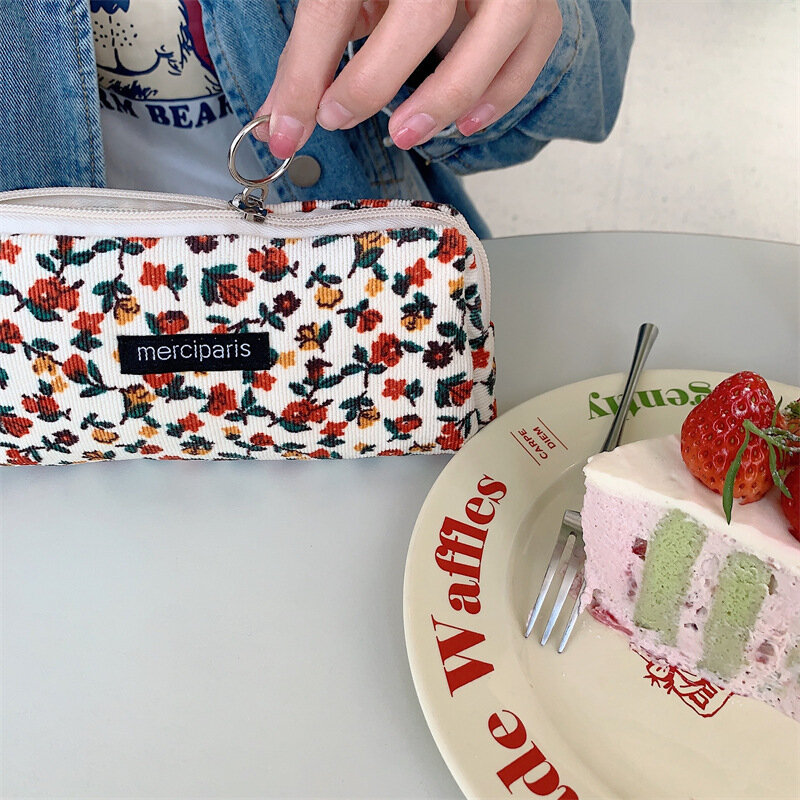 Пенал-косметичка "Белоснежная цветочная ветка", вельвет, ретро, для карандашей, холщовый, японский