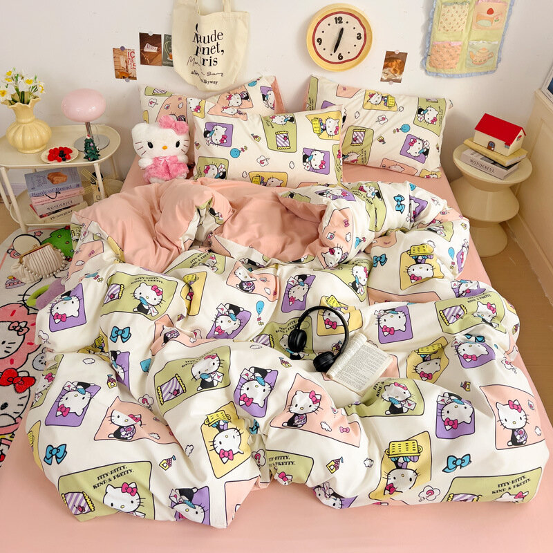 2025 Новый стиль, стираное хлопковое стеганое одеяло с рисунком Sanrio, комплект из четырех предметов, студенческая кровать, комплект из трех предметов, набор простыней, домашняя головоломка, kt 1,5 * 2 м, односпальное стеганое одеяло