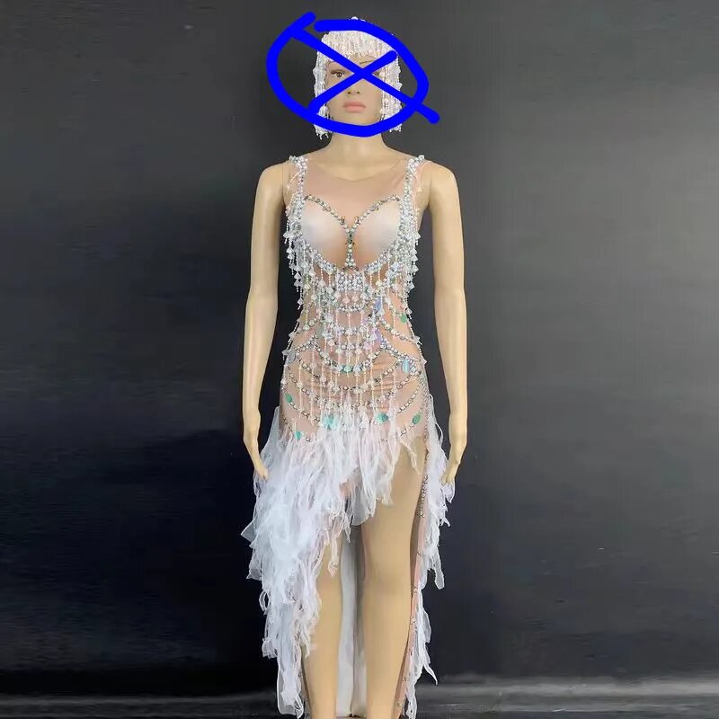 Вечернее платье с перьями и стразами для выступлений М, Бежевый, Бежевый