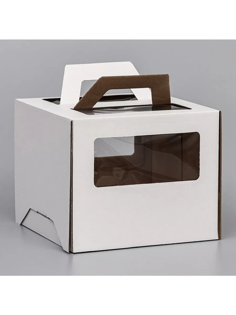 Коробка под торт 2 окна, с ручками, белая, 24 х 24 х 20 см