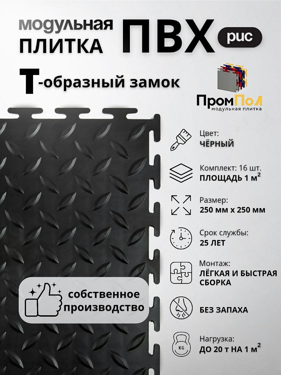 Модульная плитка ПВХ на пол (черная, фактура "рис" )