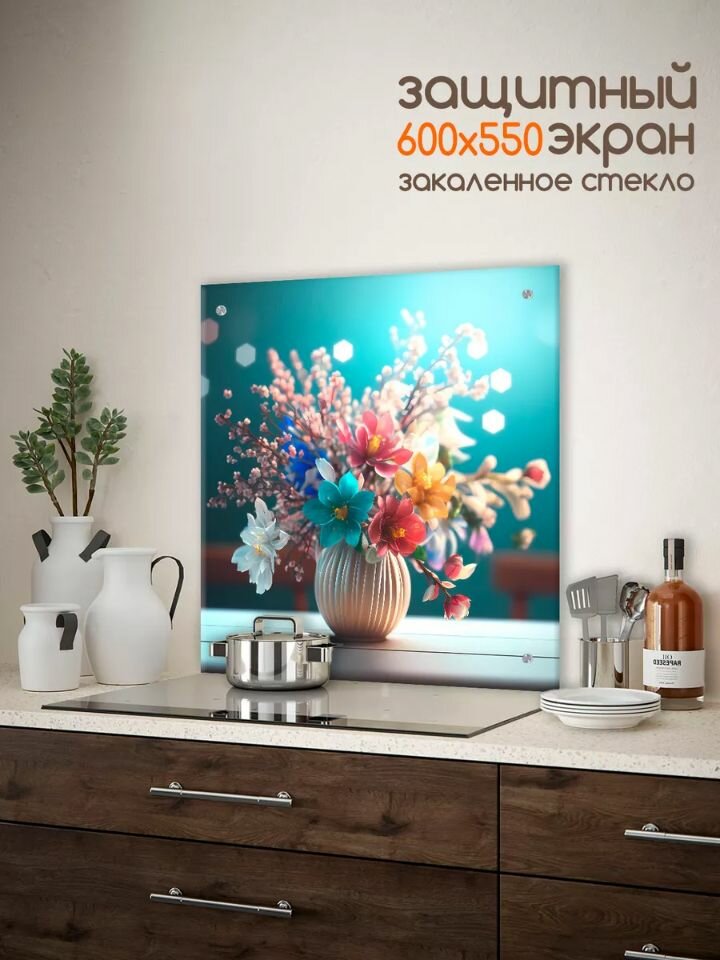 Защитный экран от брызг на плиту 600х550х4мм. Стеновая панель для кухни из закаленного стекла. Фартук для кухни на стену