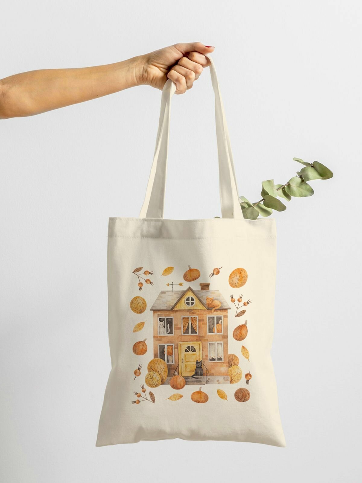 Сумка шоппер шоппер с принтом "Кошкин дом", шопер авоська холщовая с рисунком в подарок