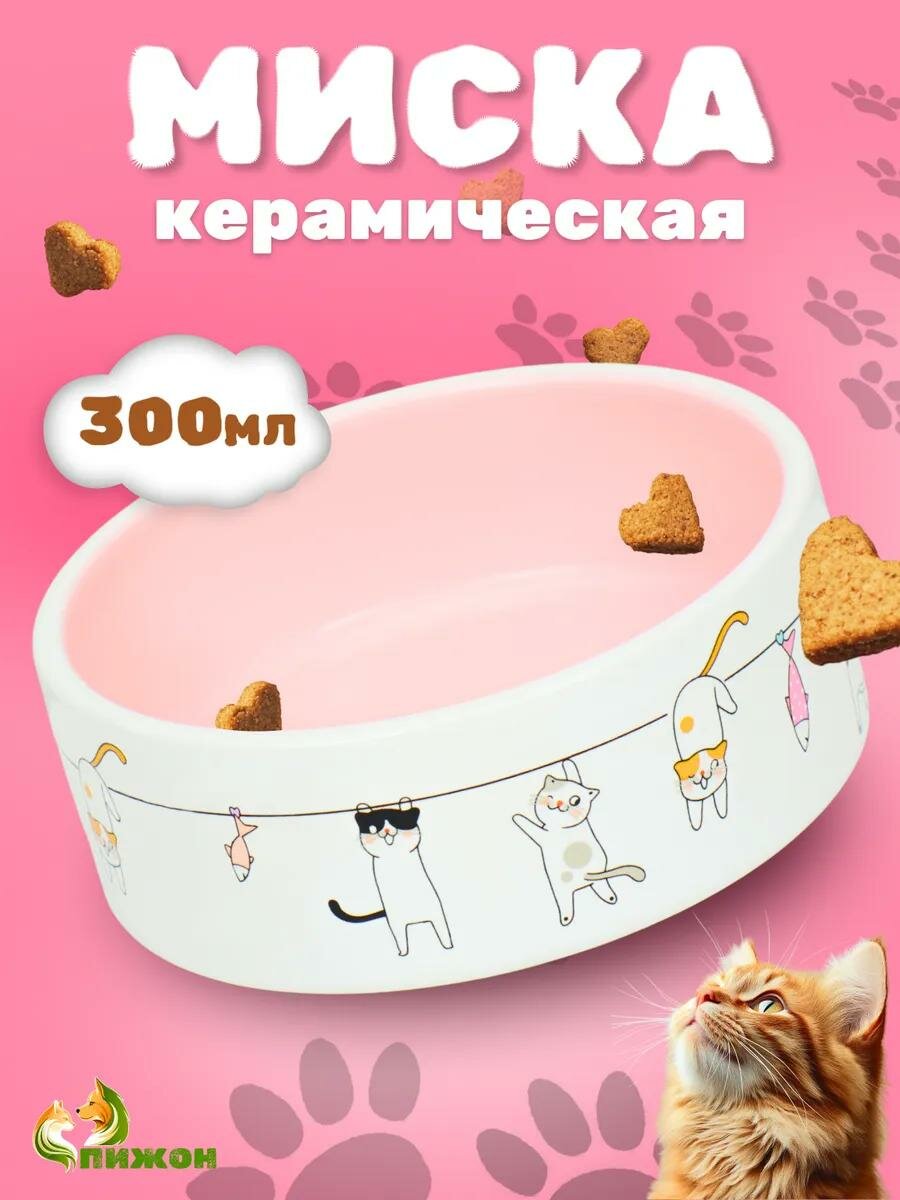 Миска керамическая "Весёлые котики" 300 мл 12,5 x 4,5 cм, бежево-белая