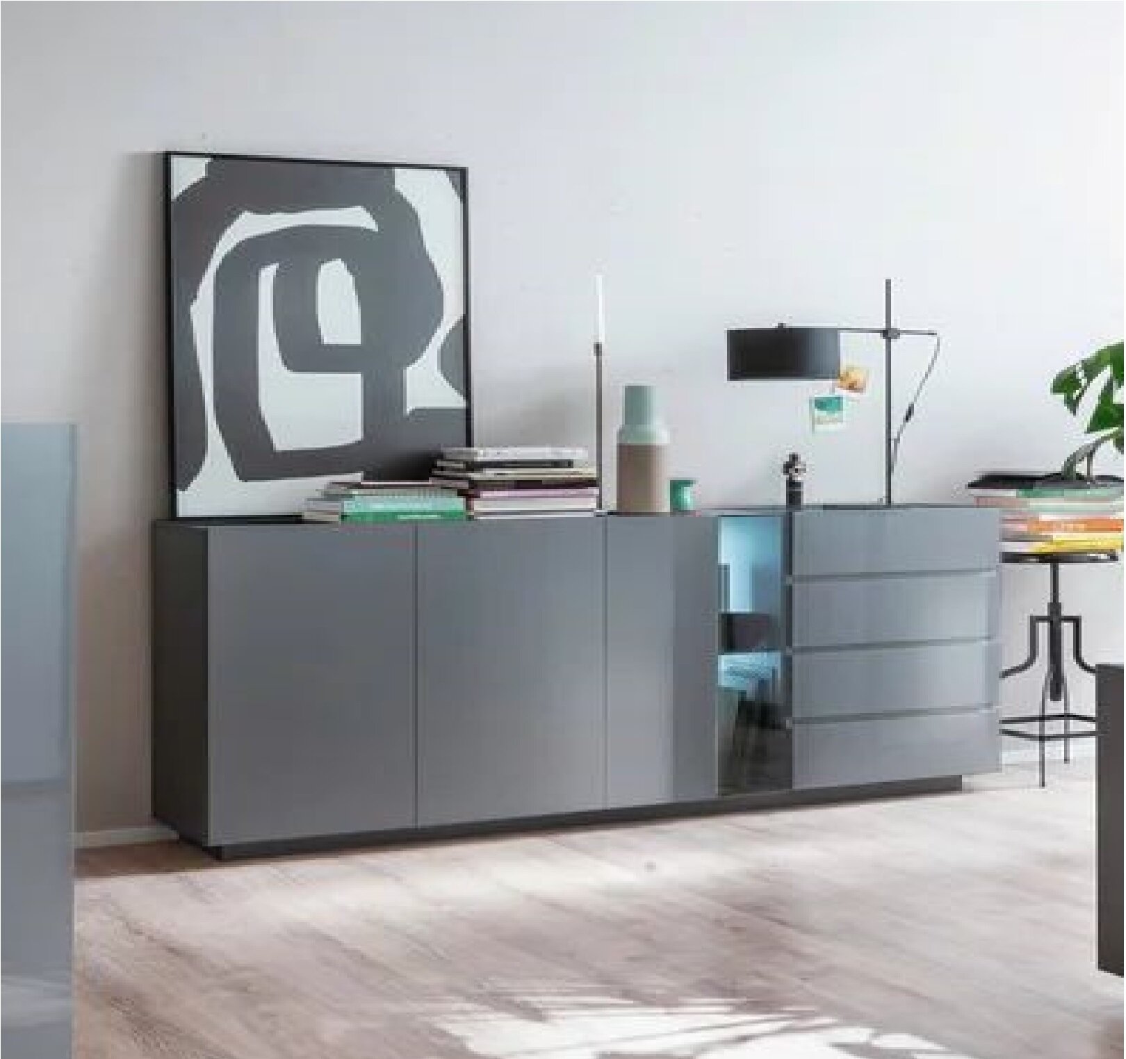 Итальянский комод Navan 3 дв, 4 ящ. , серый глянец, УФ-лак , с доводчиками , Ш 200/В 89/Г42