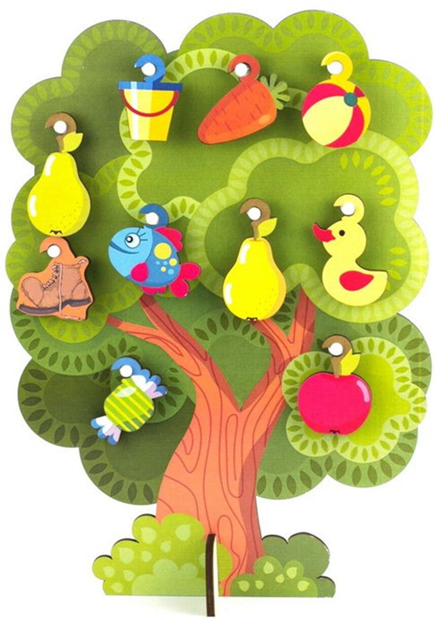 Развивающая игрушка с крючками "Что на дереве растет", деревянный сортер-дерево с фигурками