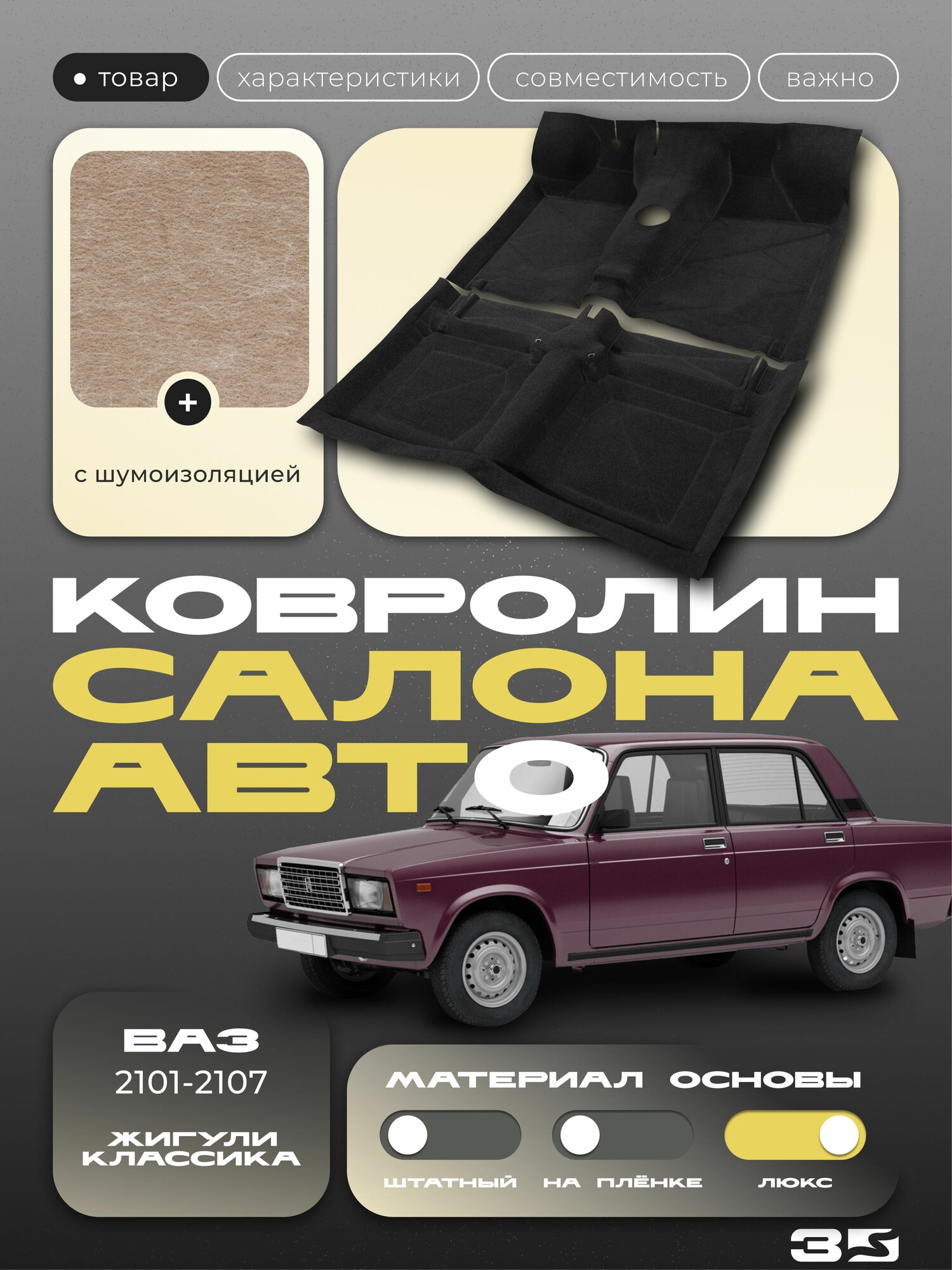 Ковролин пола салона для автомобилей ВАЗ 2101-2107 (формованный), шумоизоляция с пароизоляционным слоем