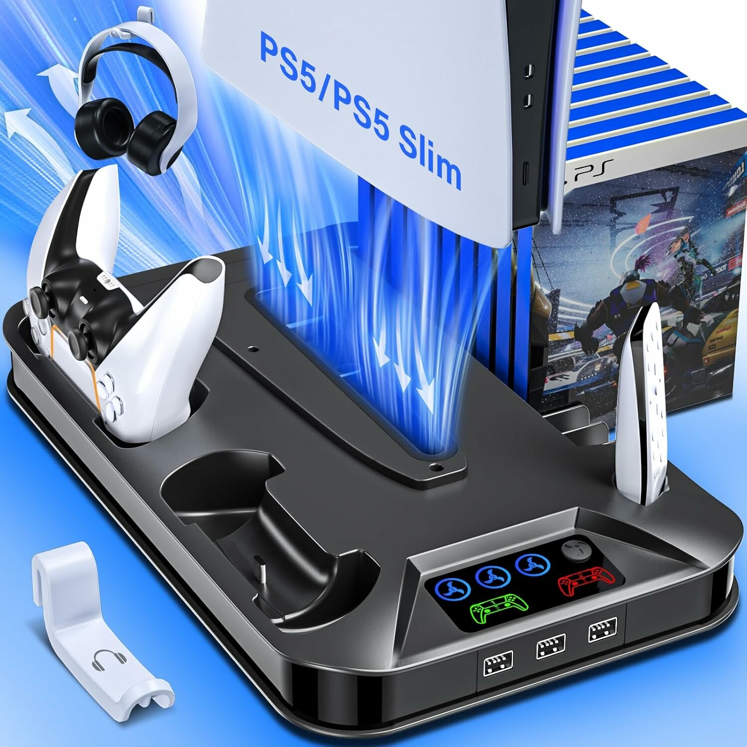 Кулер-станция для PS5 Slim с зарядкой контроллеров 3 USB-хаба + держатель для наушников + крепежный шуруп Совместим с PS5 Slim Disc/Digital Аксессуары для охлаждения и организации