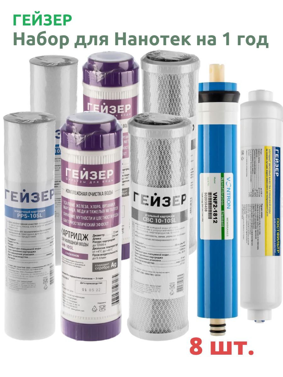 Комплект катриджей для систем обратного осмоса Нанотек на год, 8 предметов