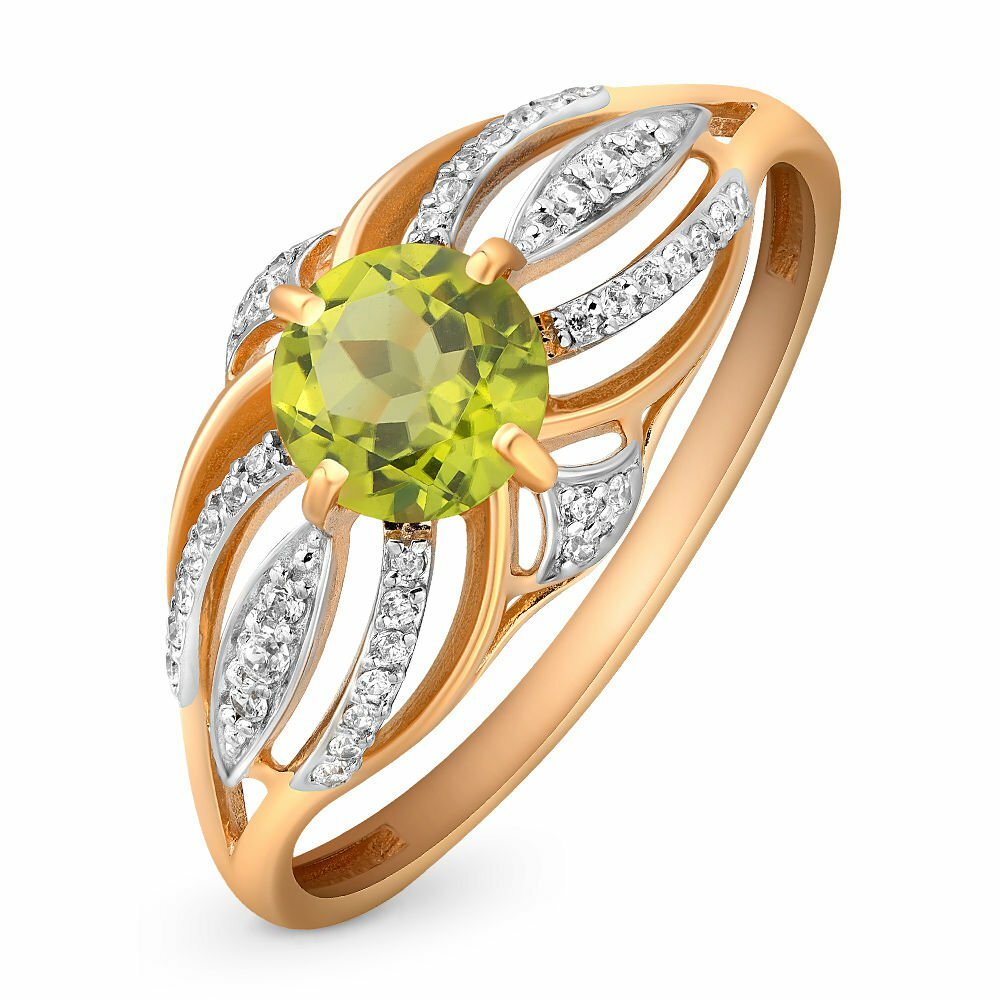 Кольцо, красное золото, 585 проба, родирование, фианит, хризолит