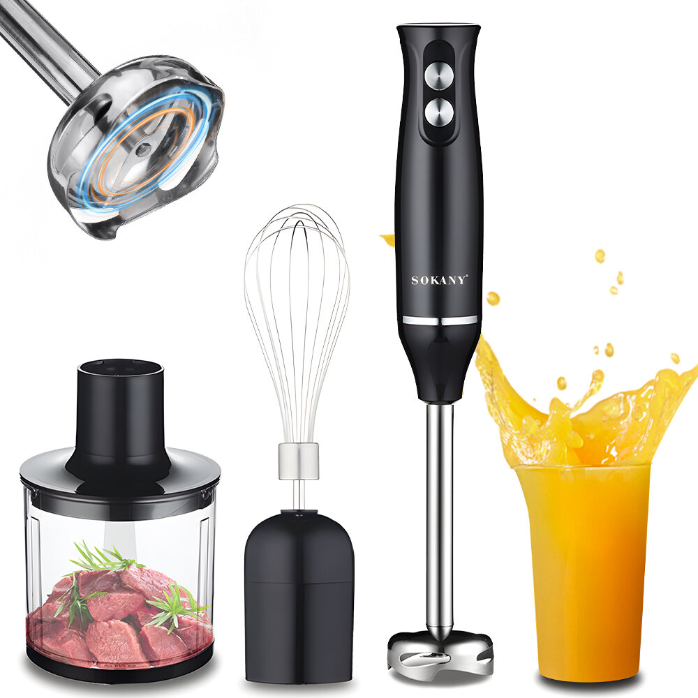 SOKANY 1710-4 Immersion Hand Blender Set 4-In-1 Powerful 500W 2 Variable Speeds Stainless Steel Handheld Stick Mixer with Egg Whisk / Chopper Bowl Measuring Cup Ideal for Blending Soups and Smoothies