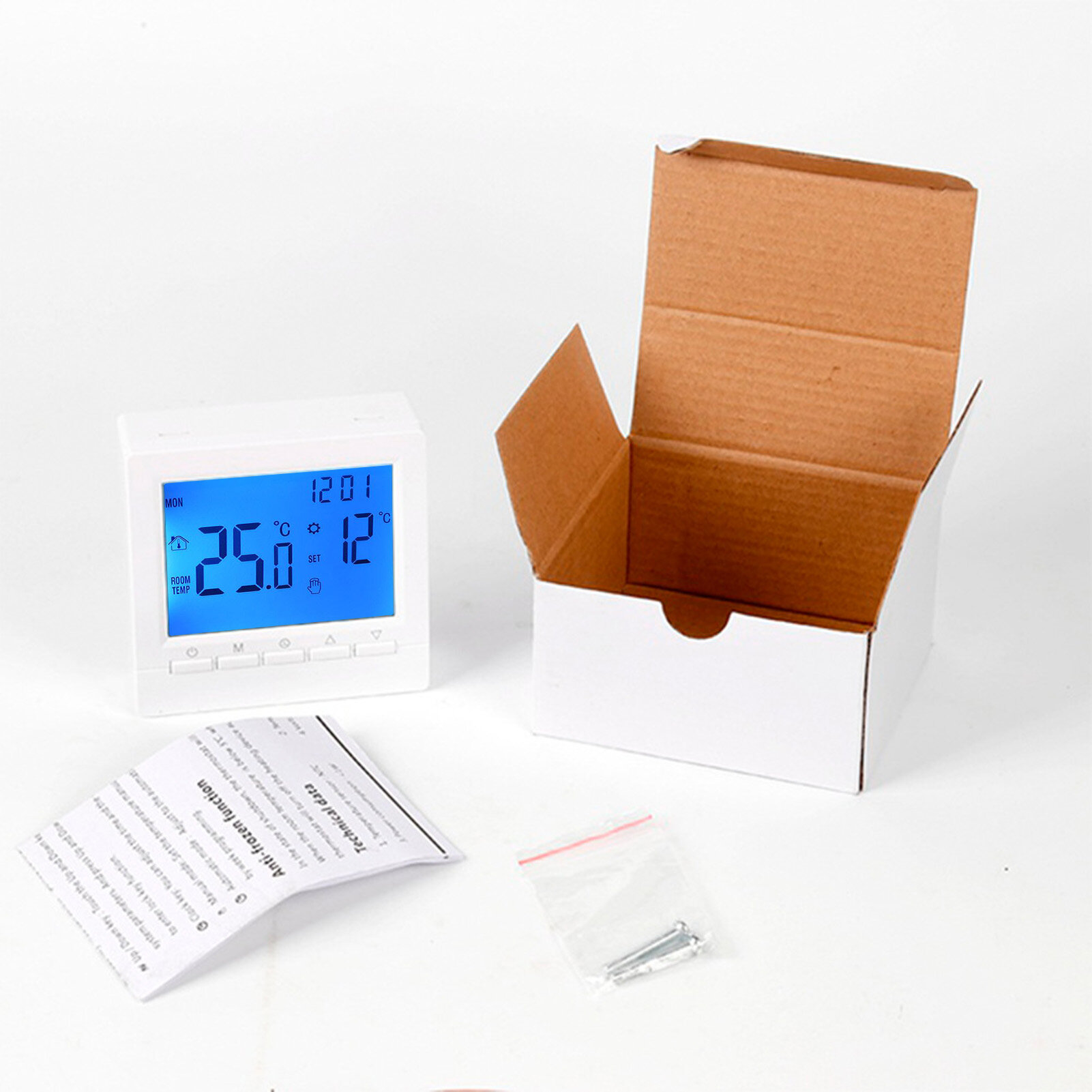 Управление проводной батареи с уратным котлом, управляемая батареем, с ЖК -дифровым экраном, склоненная кнопка, натянутая на стену.