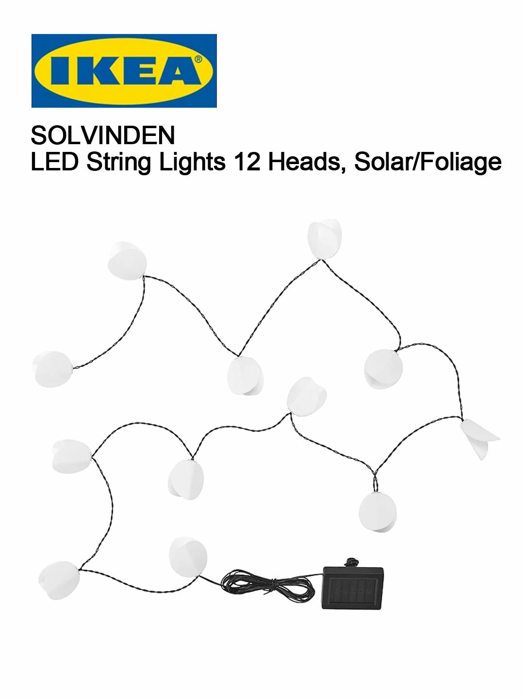 Икеа SOLVINDEN, светодиодная гирлянда 12 головок на солнечных батареях, форма листа
