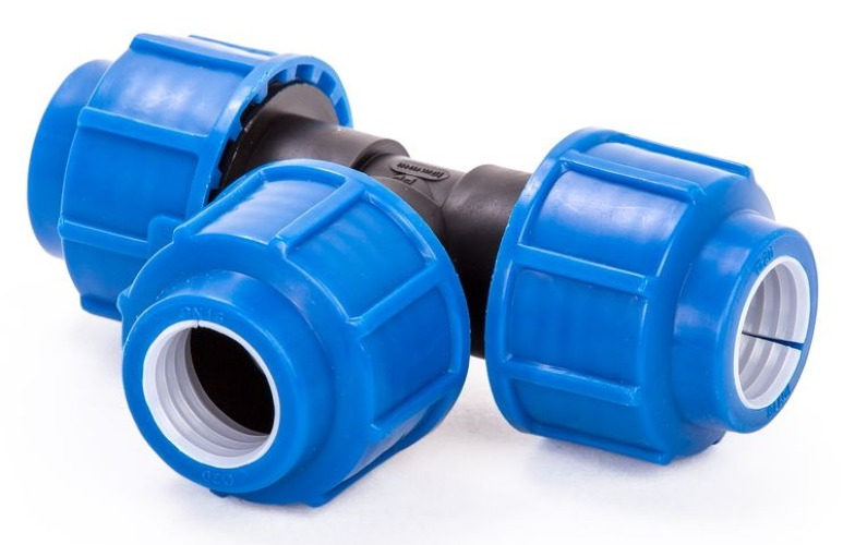 Тройник Lammin / Ламмин компрессионный для ПНД труб обжимной, полиэтиленовый, синий, диаметр 25мм / водоснабжение