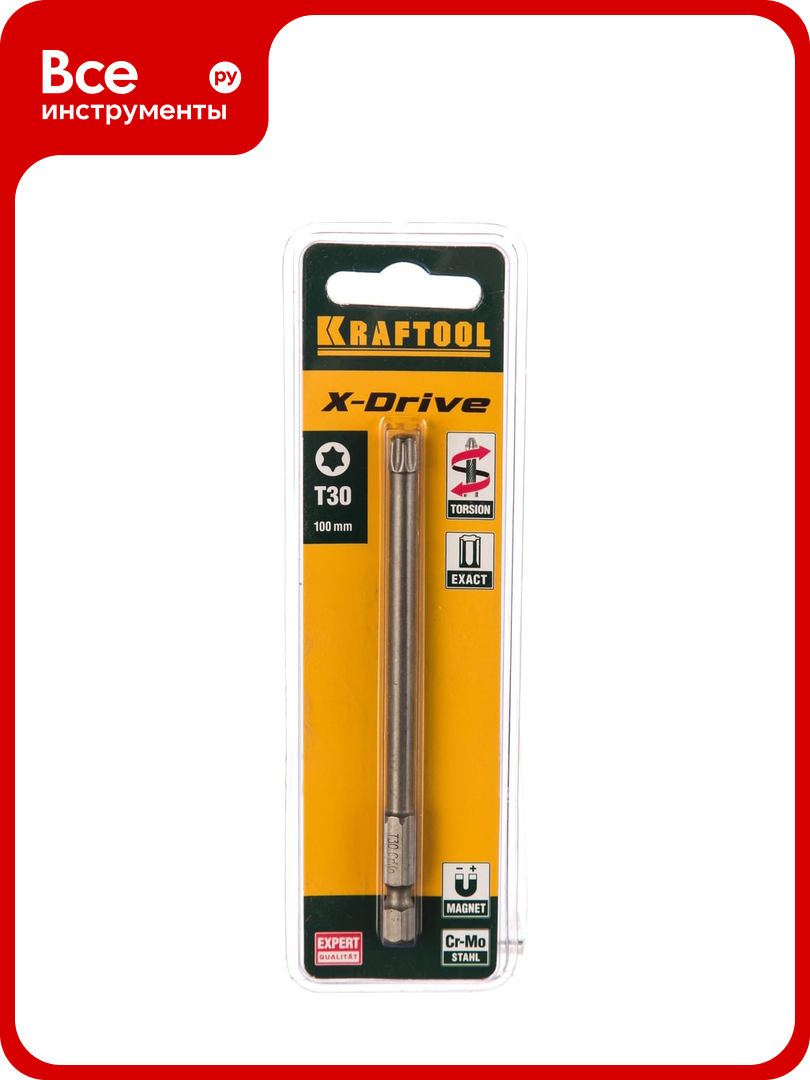 Бита "EXPERT" (E 1/4"; Т 30; 100 мм; 1 шт.) KRAFTOOL 26125-30-100-1 долговечные материалы