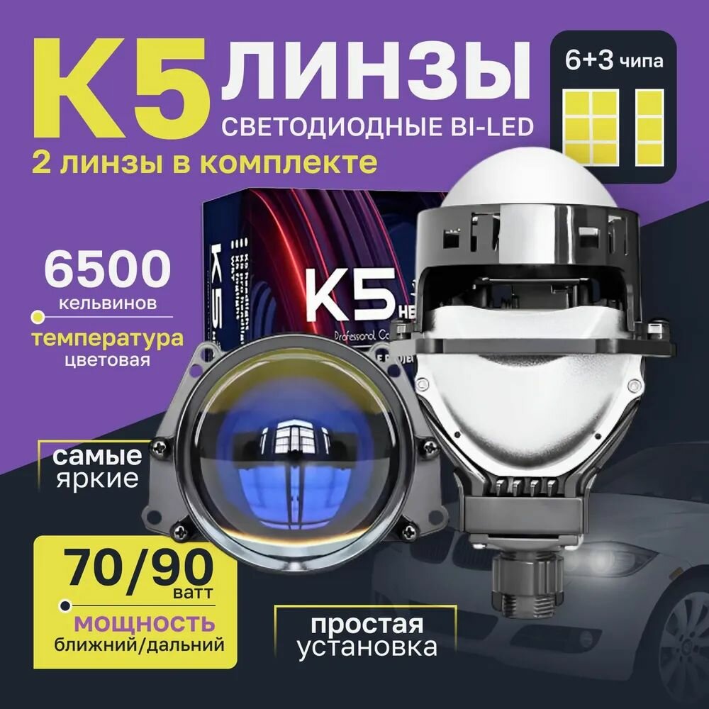 Би лед линзы 2.5 дюйма К5 в авто, 55W/65W/12V, 2 шт Линза из синей пленки
