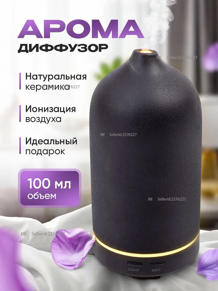 Аромадиффузор ультразвуковой Аромадиффузор для дома керамический 100 мл. с ионизацией, черный