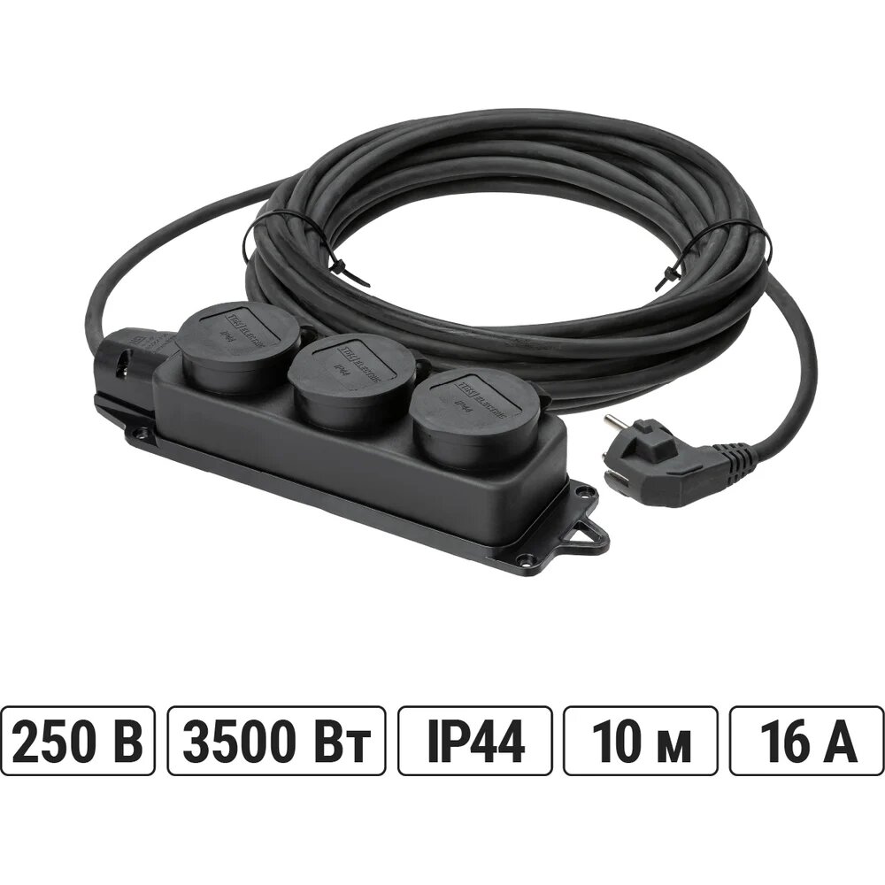 Удлинитель-шнур TDM ELECTRIC силовой каучук УШз16-103 IP44 3 гнезда с/з, 10м КГ 3х1,5 SQ1302-0346