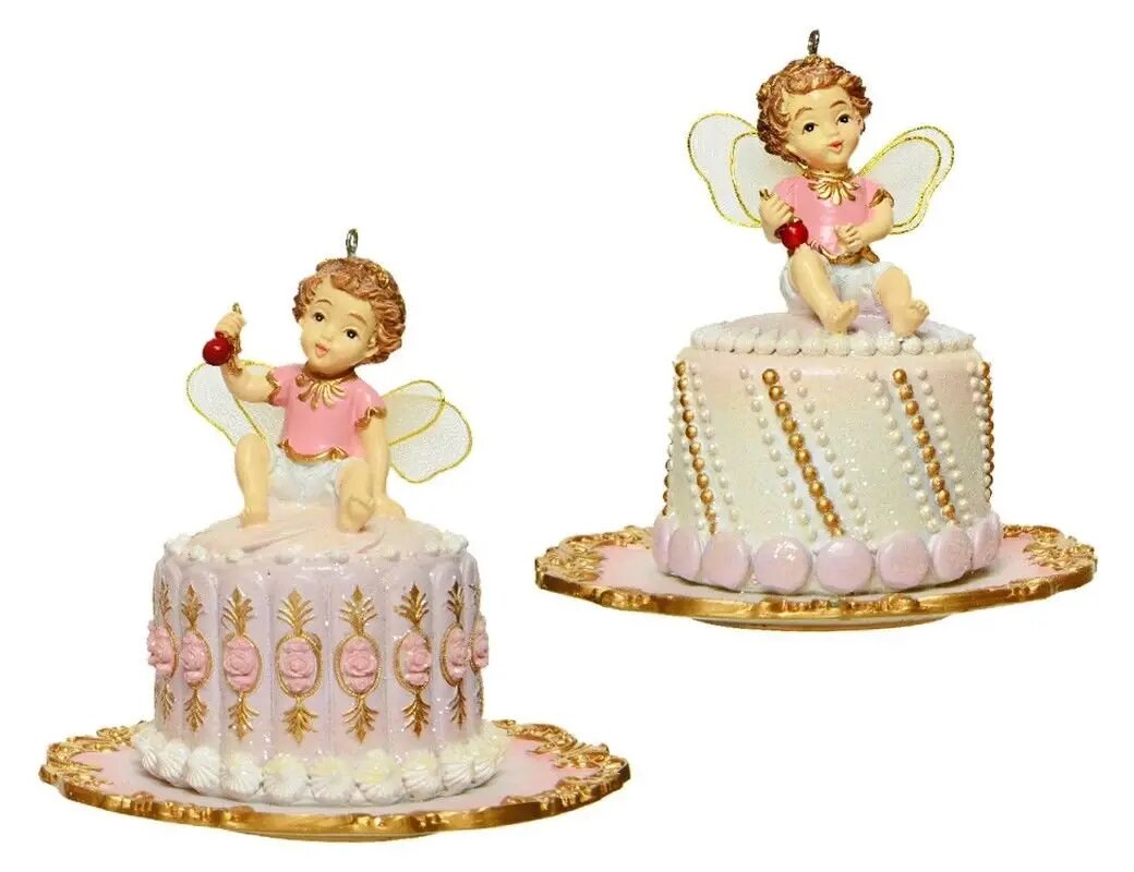 Ёлочная игрушка эльф на торте с розочками, полистоун, 11 см, Kaemingk (Decoris)