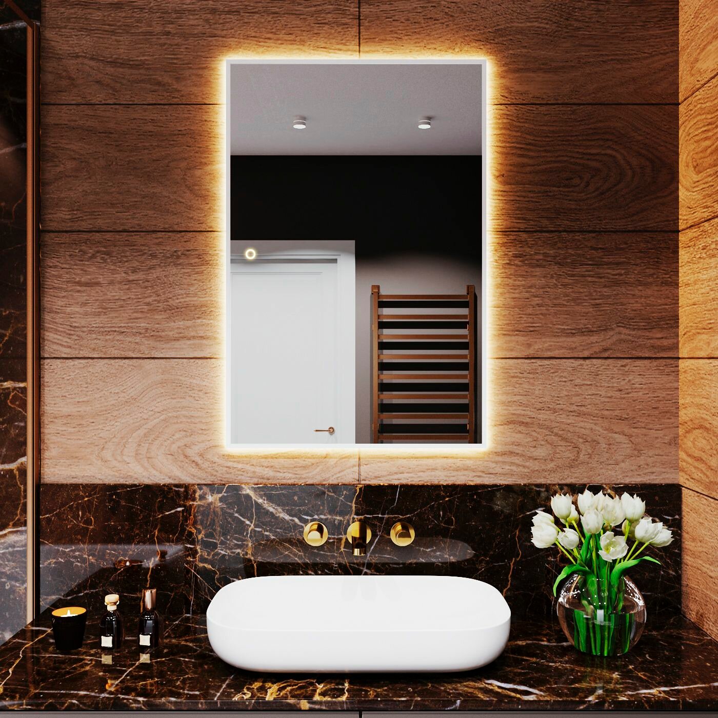 Зеркало настенное 90х60 см. BLX MIRROR с подсветкой в ванную сенсорное в алюминиевой раме, Белое