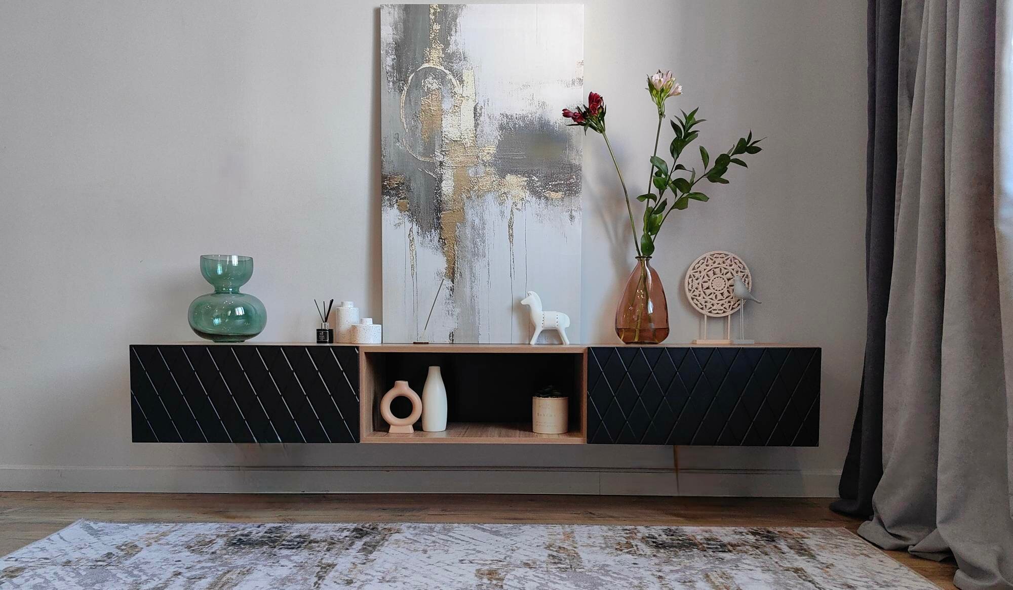 Тумба под ТВ Мебельный Шоу Рум Мирона "Канзас", дуб-черный ромбик, 150х36,6х26см подвесная