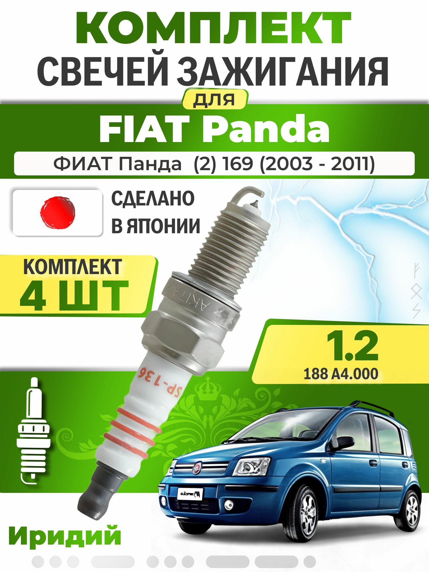 Свечи зажигания для Fiat Panda (2) 169 1.2, комплект 4 шт / 2003 2004 2005 2006 2007 2008 2009 2010 2011 / Двигатель 188 A4.000 1,2 л