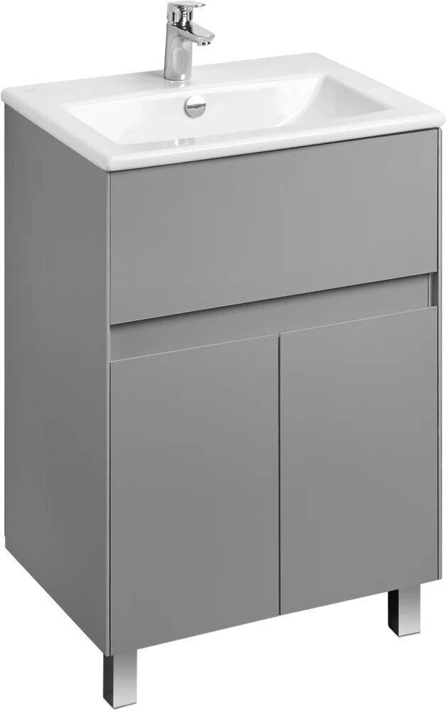 Тумба с раковиной AQUATON Форест 60 60 см, серая, матовая, из ЛДСП, с ящиками, с дверками, раковина для ванной фарфоровая, прямоугольная, встроенный слив-перелив