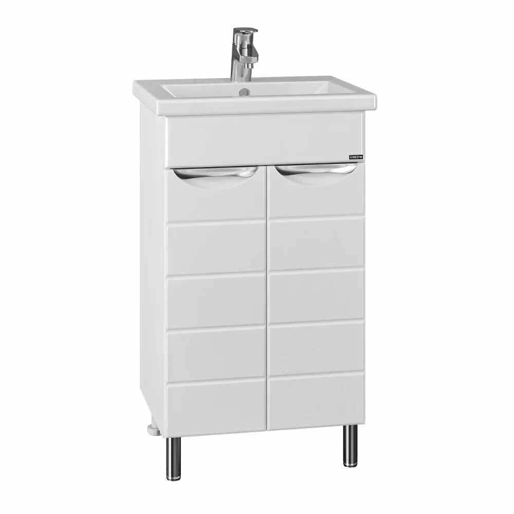 Тумба с раковиной СаНта Родос (Фостер) 50 напольная, 50 см, белая, глянцевая, из МДФ, с дверками, раковина для ванной фарфоровая, прямоугольная, встроенный слив-перелив