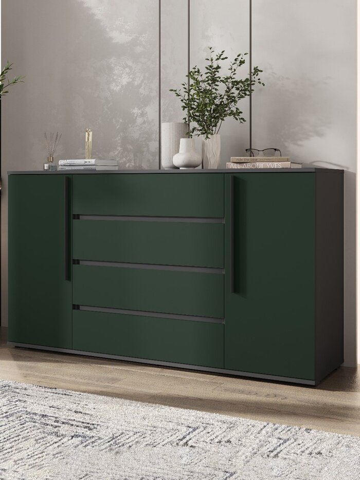 Комод напольный «Норд», 2 двери, 4 ящика, 1600×450×900 мм, цвет изумруд/графит