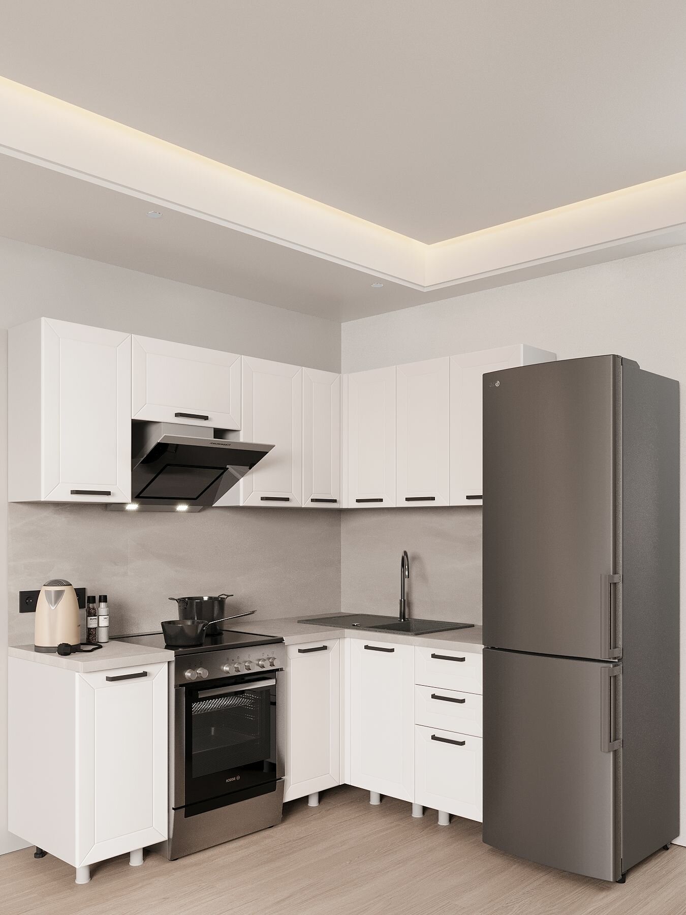 Кухонный гарнитур угловой Сектор МДФ 1,4х2,0м молочный без столешницы