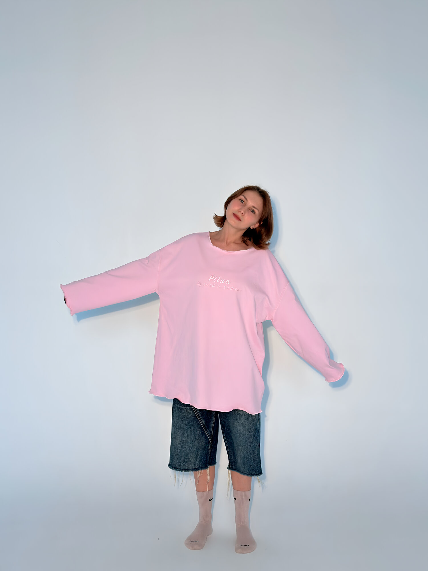 Лонгслив  Pilna "My trend is kindness", с вышивкой, хлопок 100%, XS-S, розовый