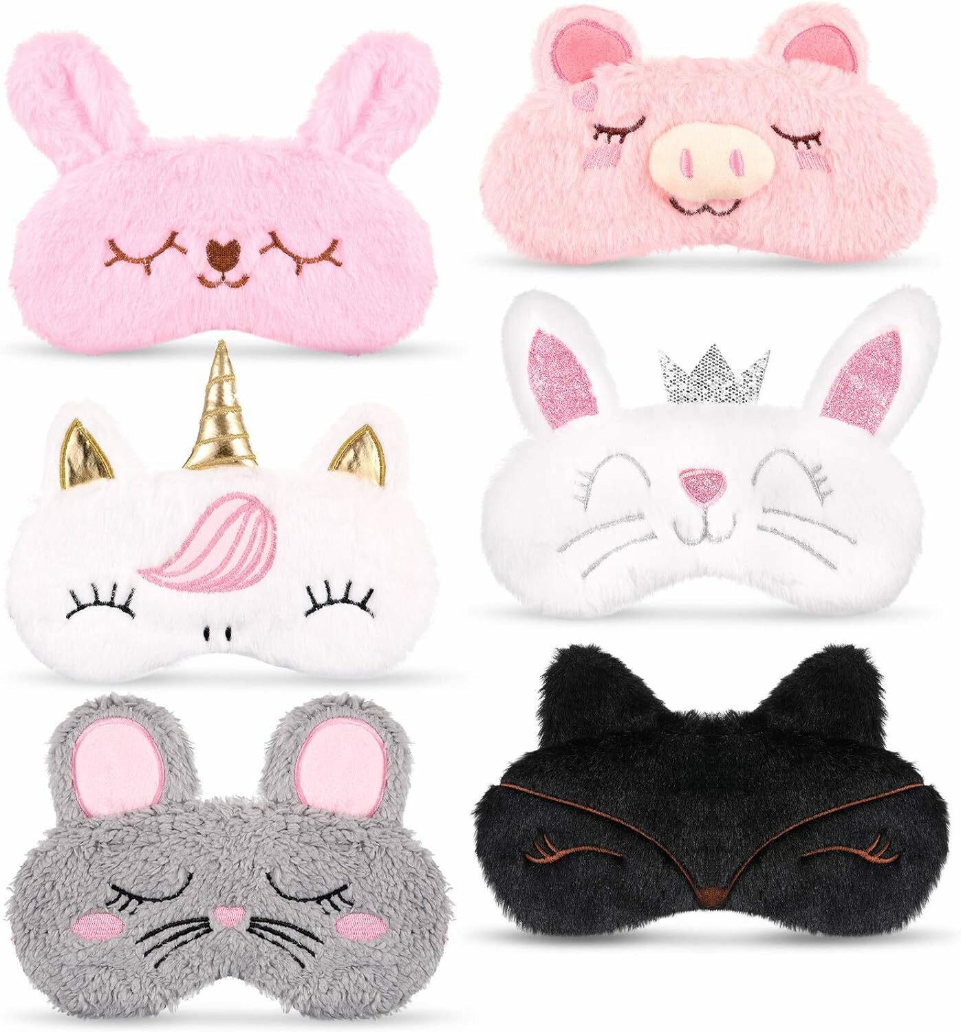 Набор из 6 плюшевых масок для сна в виде животных, милые мультяшные повязки на глаза для сна, мягкие плюшевые повязки для детей и взрослых, зайчик, свинка, единорог, кот, кролик и мышка, удобные повязки для путешествий