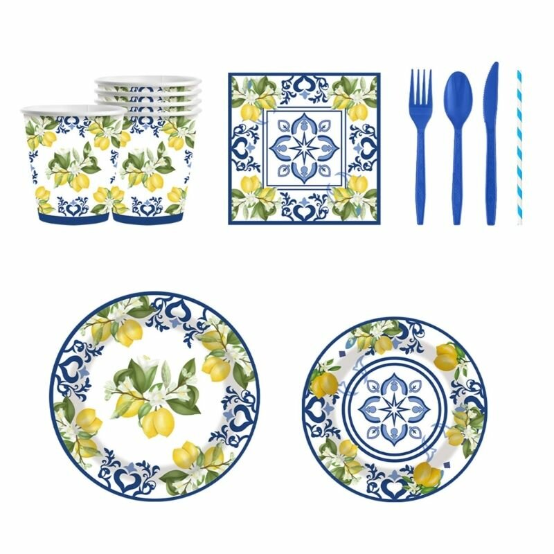 Набор из 8 предметов, бело-голубая фарфоровая посуда для празднования дня рождения с лимонными фруктами - 10 порций